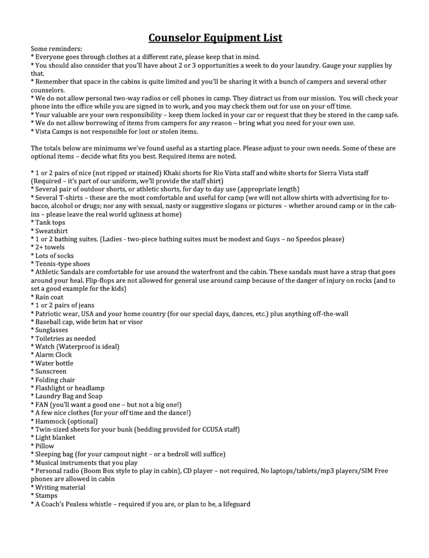 Counselor Packing List